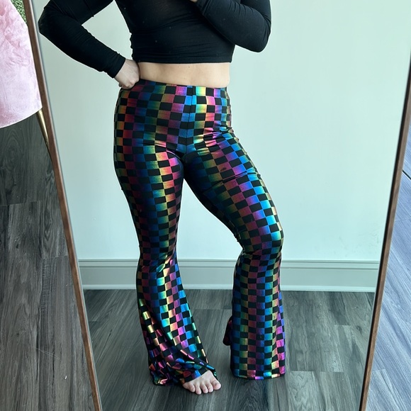 Bear Dance | Pants & Jumpsuits | Dolls Kill Rainbow Checkered Flares ...